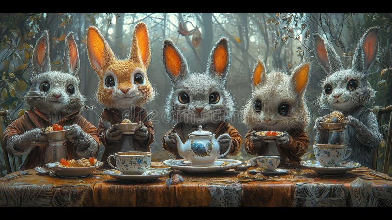 Two Rabbits Dressed in Traditional Hanfu Sit on a Rooftop, Sipping Tea ...