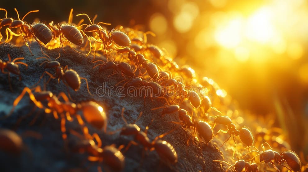 A Group of Ants Crawling on a Textured Surface with the Sun Shining ...
