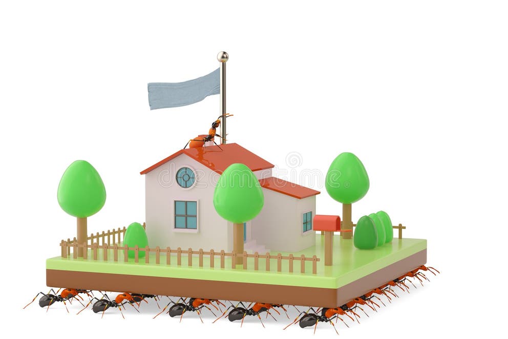 A Group of Ants Moving the House.3D Illustration. Stock Illustration ...