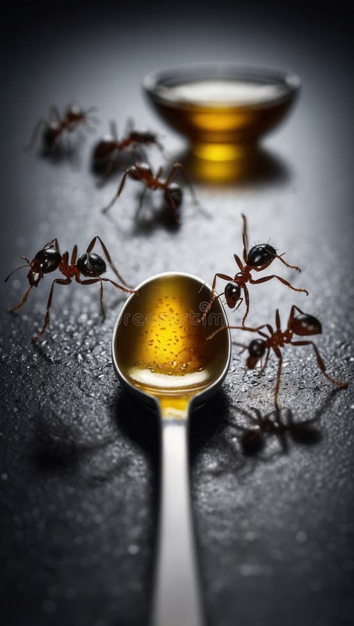 Group of Ants Walking on Honey-covered Surface, Worker Ants Gathering ...