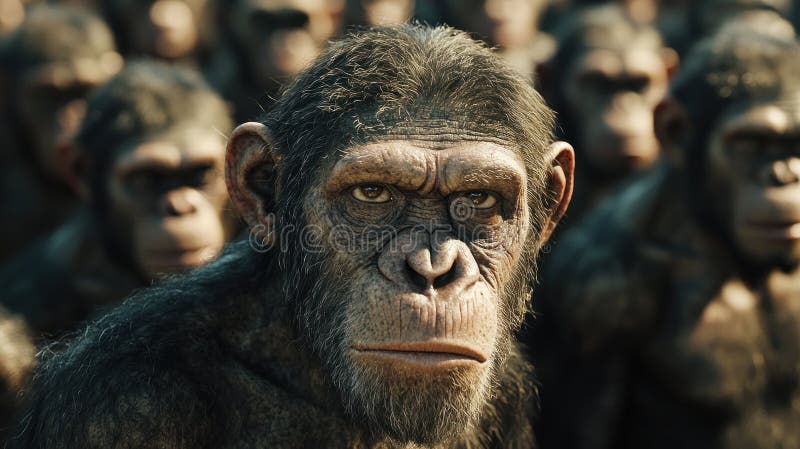 Group of Apes with Serious Expressions in a Natural Setting Stock Photo ...