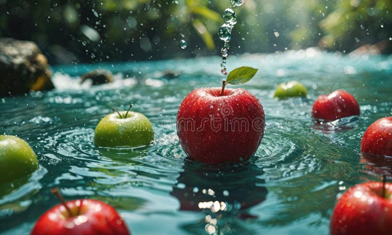 A Group of Apples are Floating in a River, with One Apple with a Leaf ...