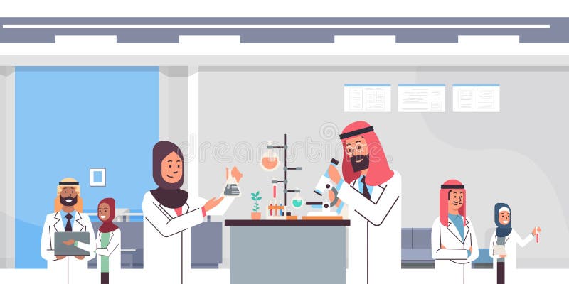 Group Arabic Scientists Working with Microscope Laboratory Doing ...