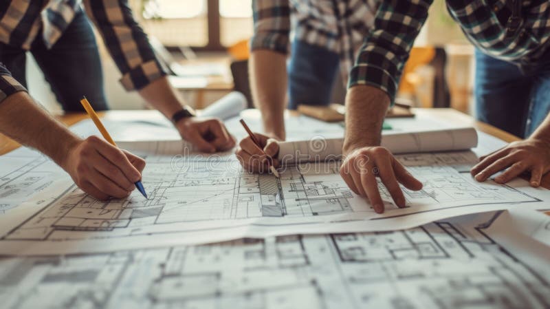 A Group of Architects Collaborating on a Home Renovation Project Poring ...