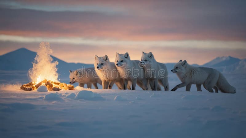 Arctic Foxes Gathering Around a Campfire at Sunset Stock Illustration ...
