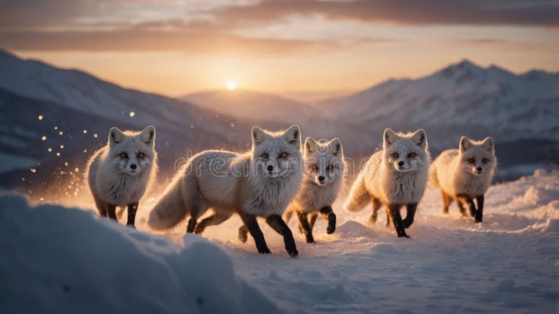 Majestic Arctic Foxes at Sunset in Snowy Mountains Stock Illustration ...