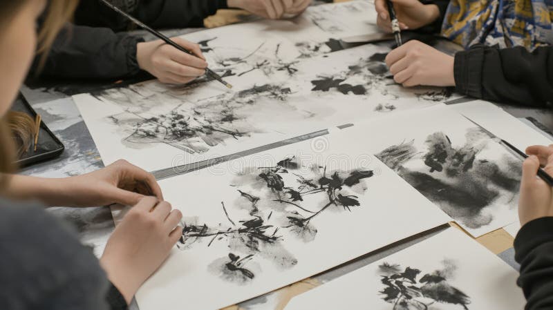 A Group of Art Students Learning the Techniques of Sumi-e, Their Papers ...