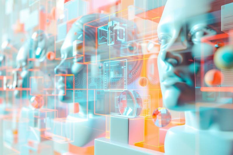 Group of Artificial Intelligence Human Like Face in a Futuristic ...