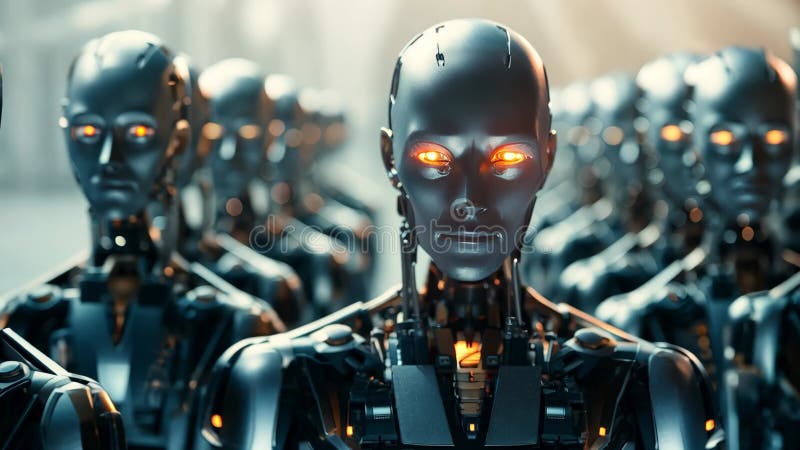 Group of Artificial Intelligence Robots. Group of Cyborgs in Factors ...