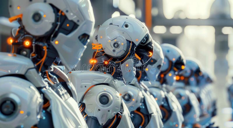 Group of Artificial Intelligence Robots. Group of Cyborgs in Factory ...