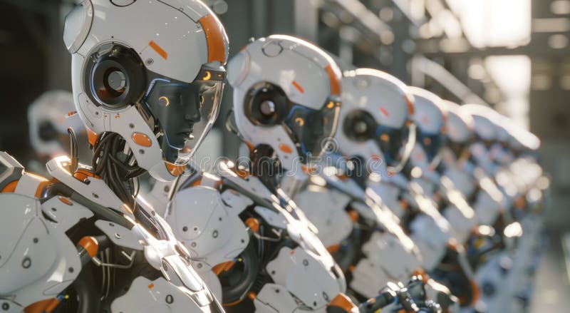 Group of Artificial Intelligence Robots. Group of Cyborgs in Factory ...