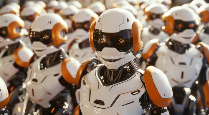 Group of Artificial Intelligence Robots. Group of Cyborgs in Factory ...