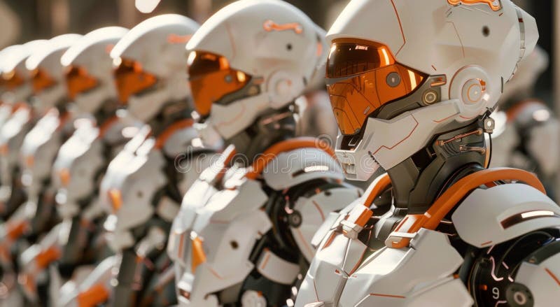 Group of Artificial Intelligence Robots. Group of Cyborgs in Factory ...