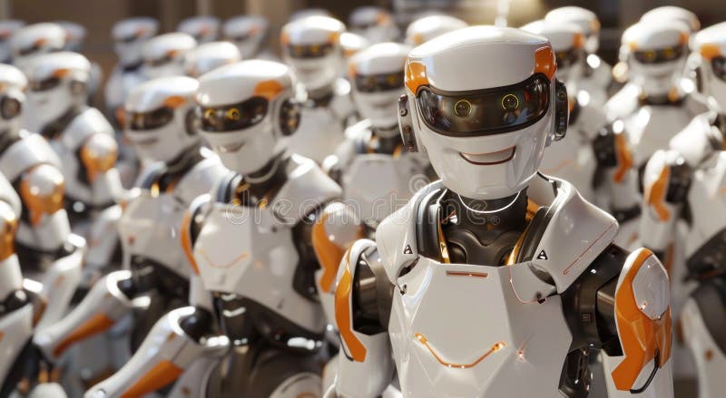 Group of Artificial Intelligence Robots. Group of Cyborgs in Factory ...