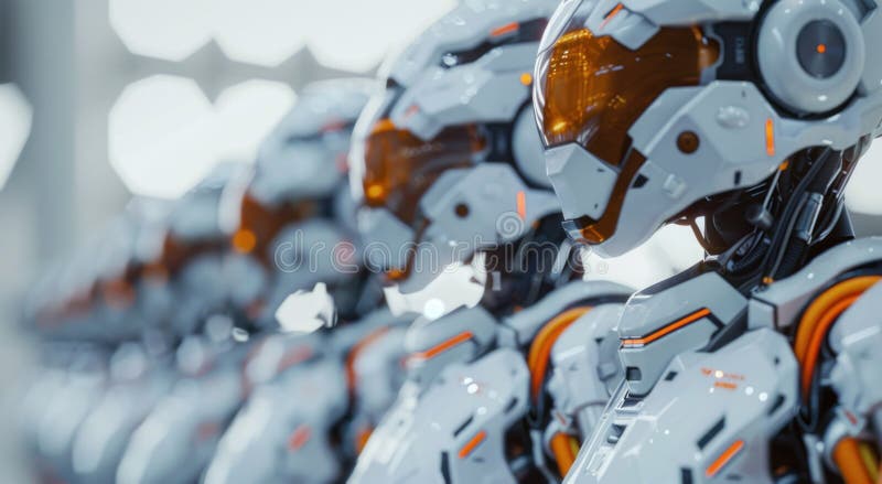 Group of Artificial Intelligence Robots. Group of Cyborgs in Factory ...