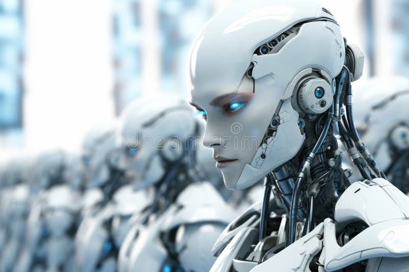 Group of of Artificial Intelligence Robots in a Factory Stock ...