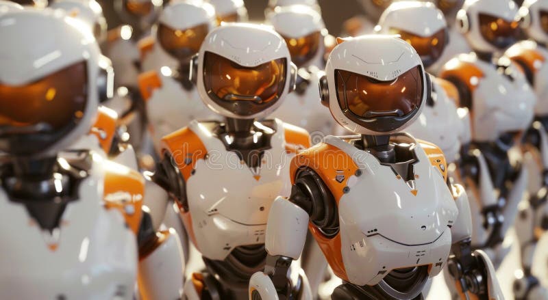 Group of Artificial Intelligence Robots. Group of Cyborgs in Factory ...