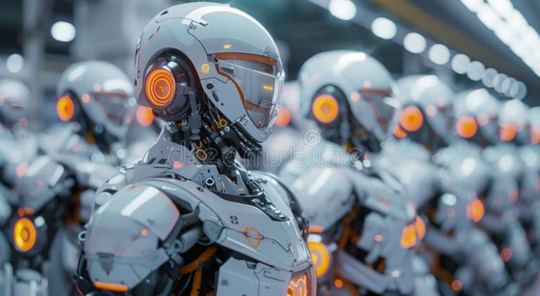 Group of Artificial Intelligence Robots. Group of Cyborgs in Factory ...