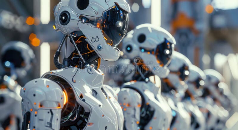 Group of Artificial Intelligence Robots. Group of Cyborgs in Factory ...
