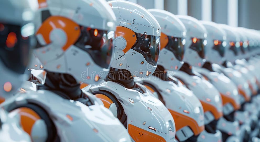 Group of Artificial Intelligence Robots. Group of Cyborgs in Factory ...