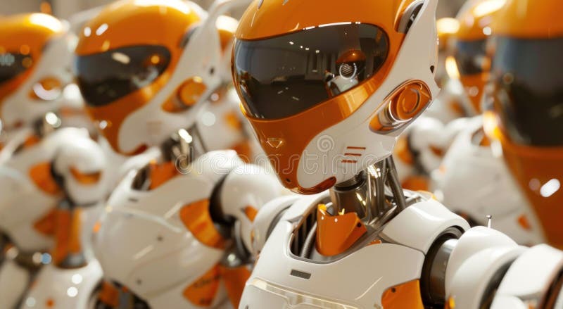 Group of Artificial Intelligence Robots. Group of Cyborgs in Factory ...