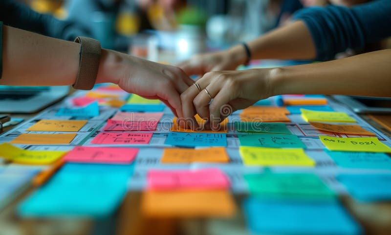 A Group of People are Sitting at a Table with Sticky Notes on it Stock ...