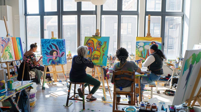 Group of Artists in Painting Class Stock Illustration - Illustration of ...