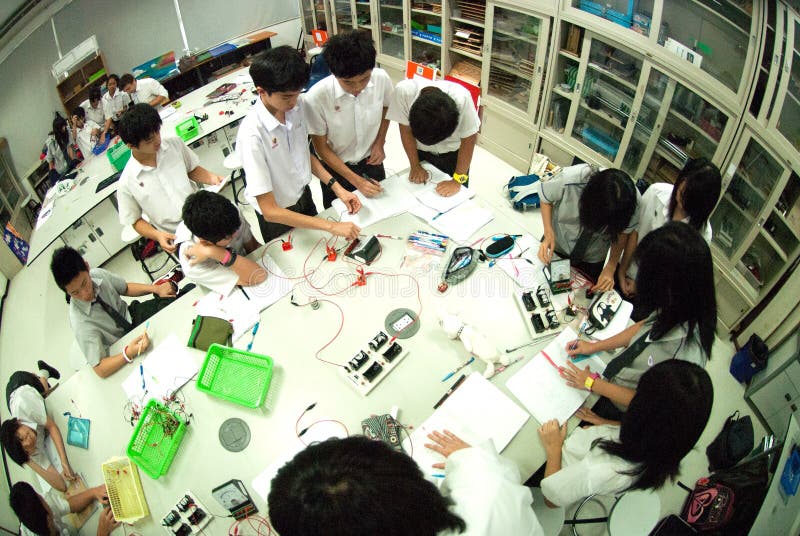 Group of Asian Elementary Students are Learning about Electricity in ...