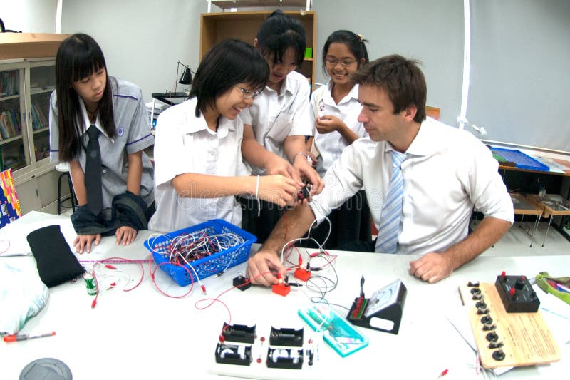 Group of Asian Elementary Students are Learning about Electricity in ...