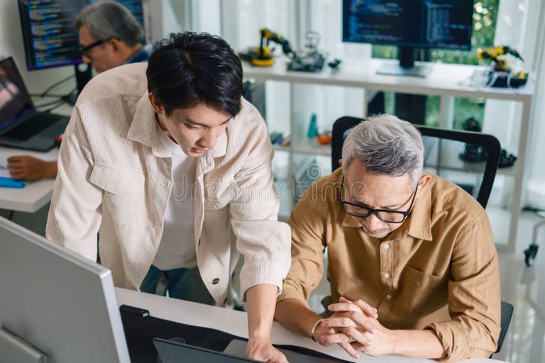 Group of Asian Senior in a Collaborative Software Development Analyzing Flowcharts during a ...