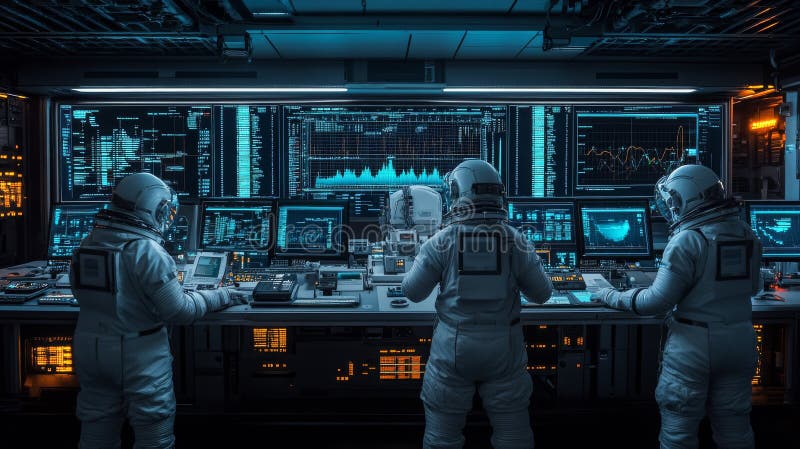 Group of Astronauts Collaborating in a High-tech Space Laboratory with ...