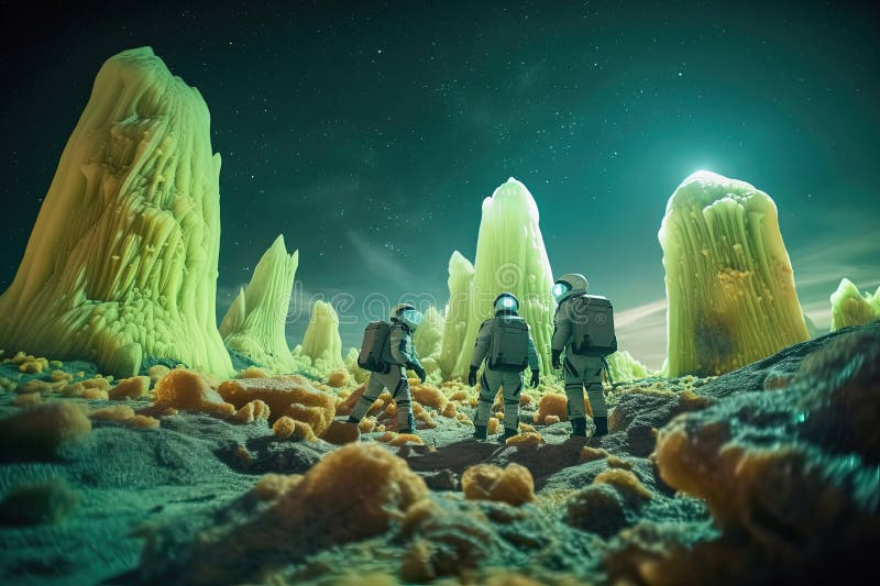 Astronauts Exploring Alien Terrain Under a Starry Sky Stock Image ...