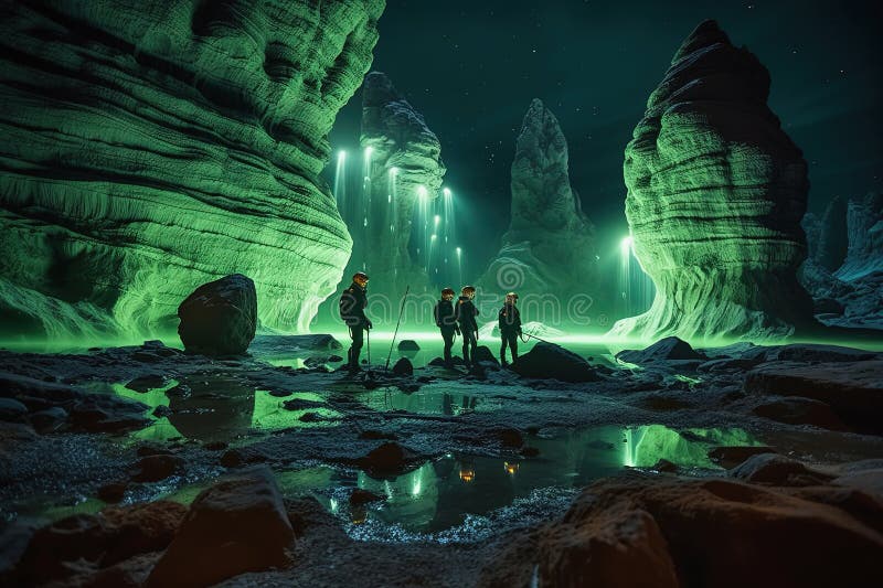 Astronauts Exploring Alien Terrain Under a Starry Sky Stock Photo ...