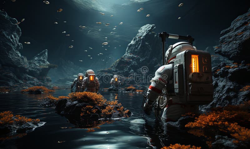 Group of Astronauts Exploring Underground Cave Stock Image - Image of ...