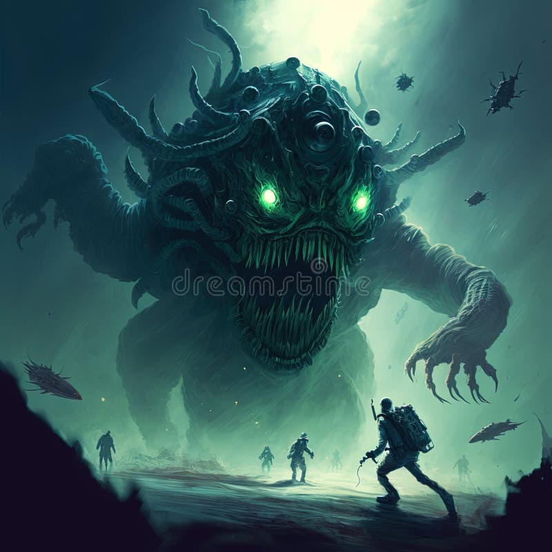 Astronauts Fighting Giant Monster from Lovecraft Nightmare. Generative ...