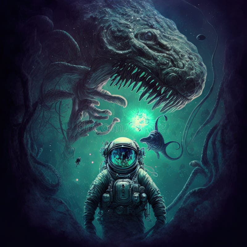 Astronauts Fighting Giant Monster from Lovecraft Nightmare. Generative ...