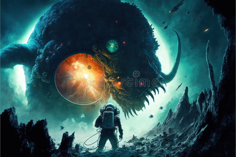 Astronauts Fighting Giant Monster from Lovecraft Nightmare. Generative ...