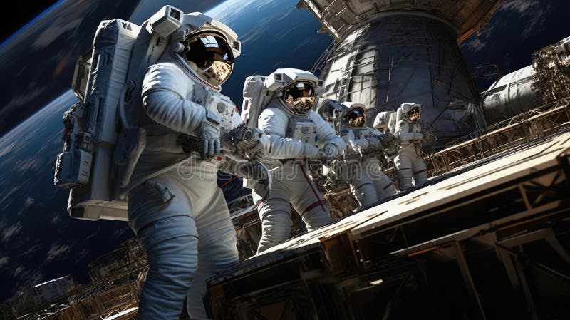 Group of Astronauts in Outer Space Stock Illustration - Illustration of ...