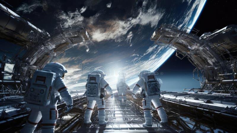 Group of Astronauts in Outer Space Stock Illustration - Illustration of ...