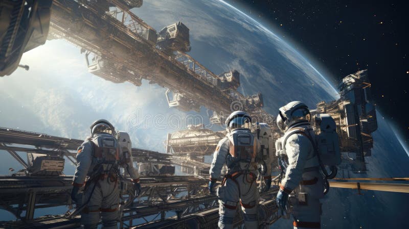 Group of Astronauts in Outer Space Stock Illustration - Illustration of ...