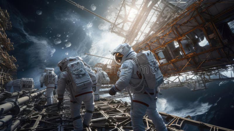 Group of Astronauts in Outer Space Stock Illustration - Illustration of ...