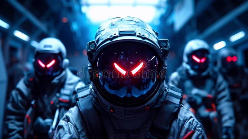 A Group of Astronauts in a Space Station with Red Eyes Stock Footage ...