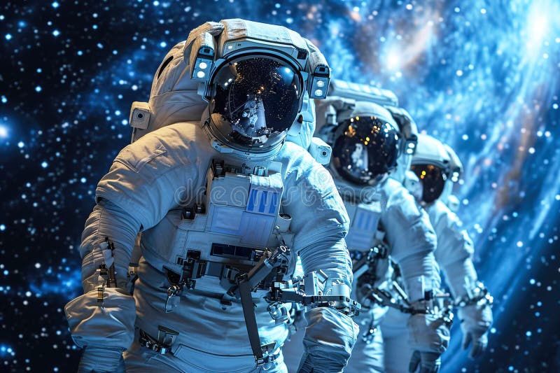Group Astronauts in Spacesuit Hovers in Outer Space in Orbit Planet ...