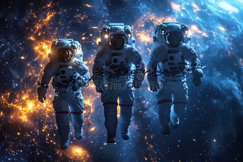 Group Astronauts in Spacesuit Hovers in Outer Space in Orbit Planet ...