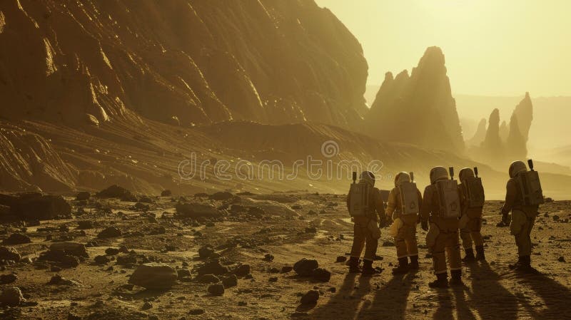 A Group of Astronauts Stands on a Desolate Moon Their Backs To the ...