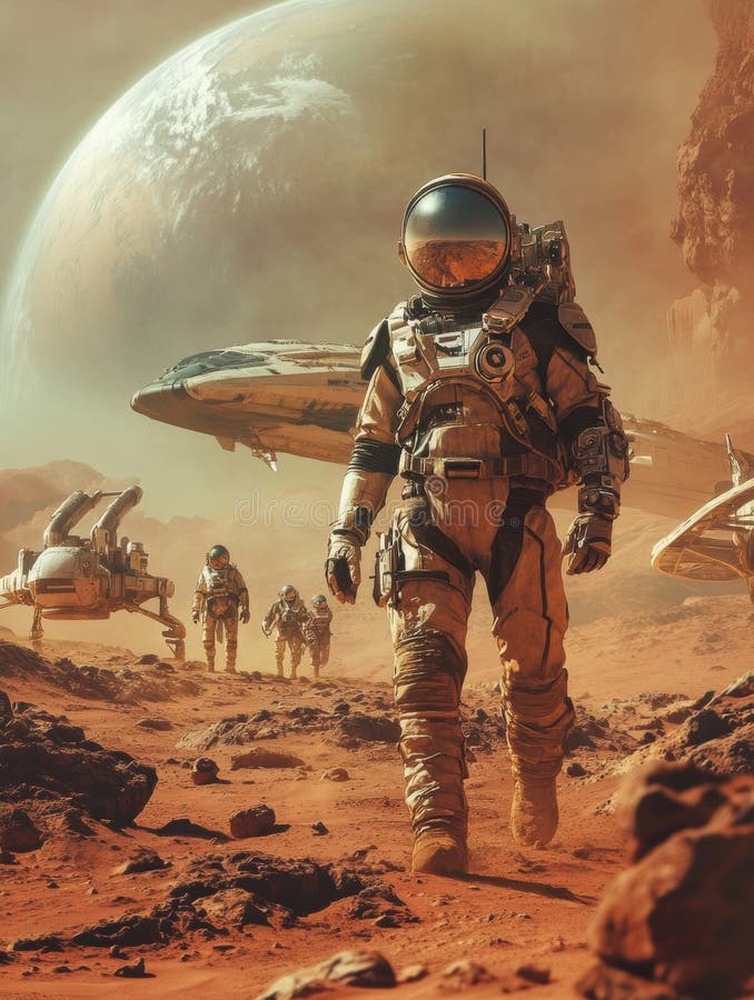 A Group of Astronauts Traverses the Rocky Surface of Mars, with Two ...