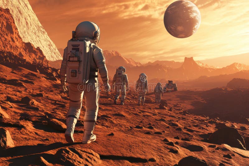 A Group of Astronauts Walk Together Across the Rugged, Red Surface of ...