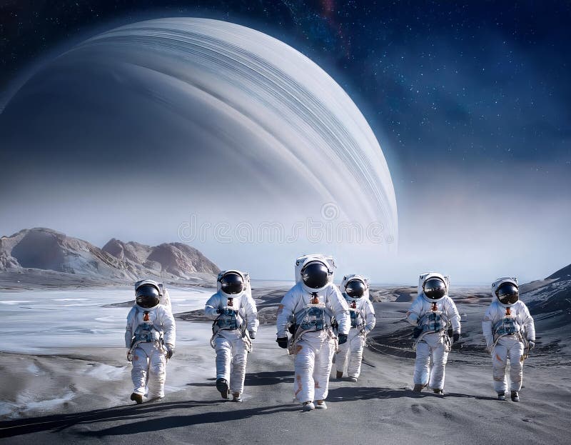 Group of Astronauts Walking on Alien Planet with Large Planet in Sky ...