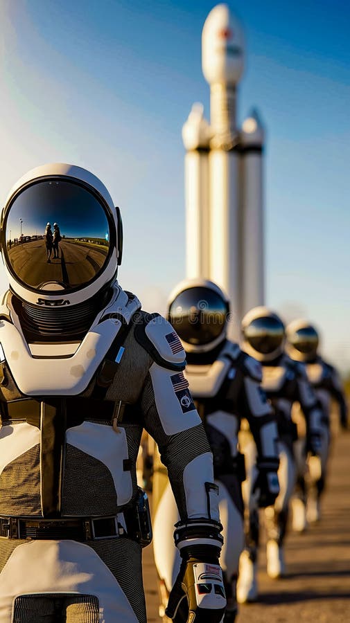 A Group of Astronauts Walking Down a Road in Front of a Rocket Stock ...
