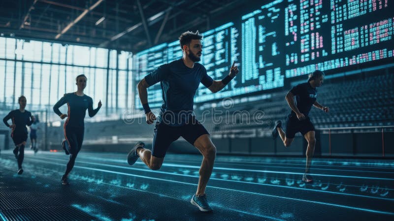 Group of Athletes Running in a Digital Data-Driven Indoor Arena Stock ...